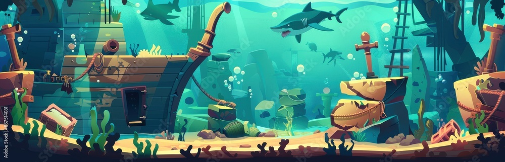 Underwater scene with sunken pirate ship, treasure chest, sword, and ...