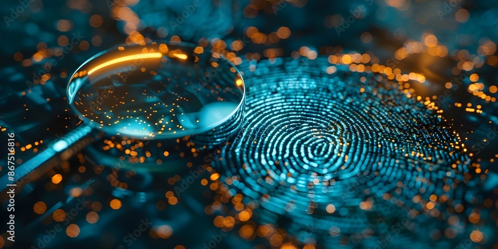 Closeup magnifying glass on fingerprint for biometric identification ...