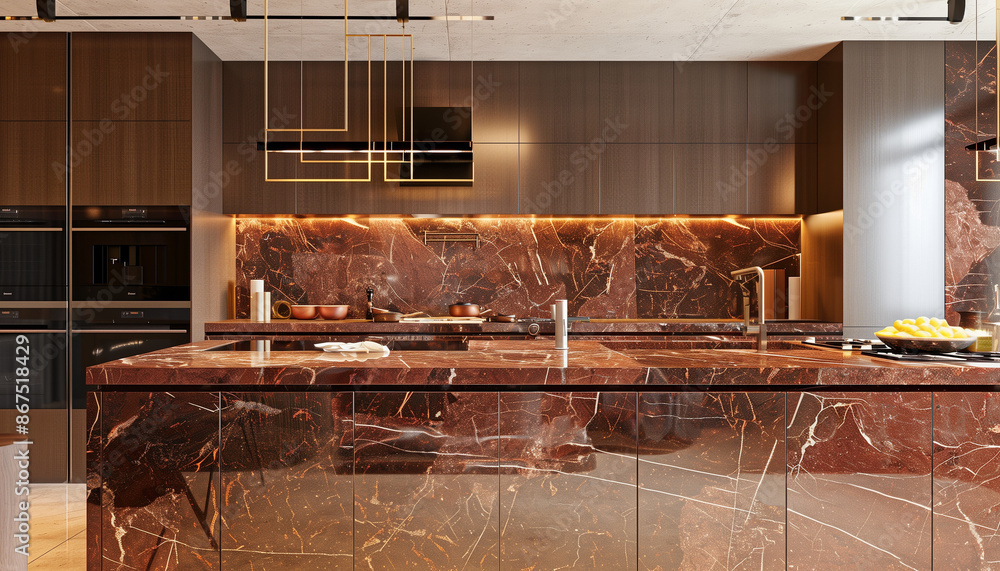 Modern Sophistication: Rosso Levanto Marble Kitchen - Large Island and ...