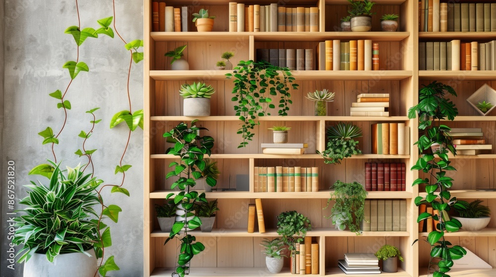 A bright, inviting bookshelf featuring an array of plants and numerous ...
