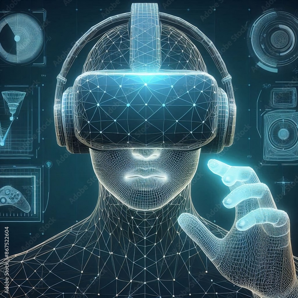 VR headset holographic low poly wireframe vector banner. Polygonal man ...