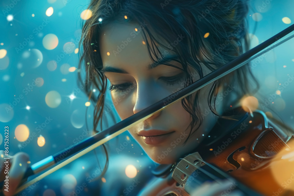 violinist. Realistic portrait of a girl playing the violin, bathed in ...