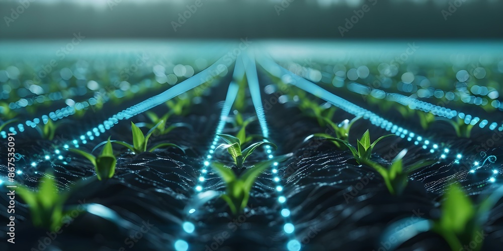 Nighttime view of smart farm with digital grid overlay enhancing crop ...