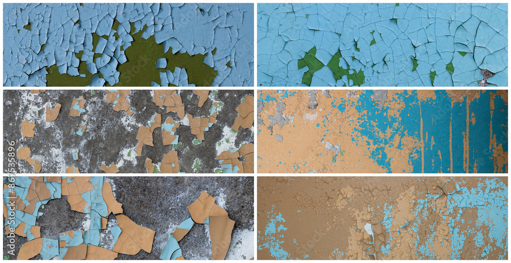 Set of peeling paint textures. Old concrete walls with cracked flaking ...