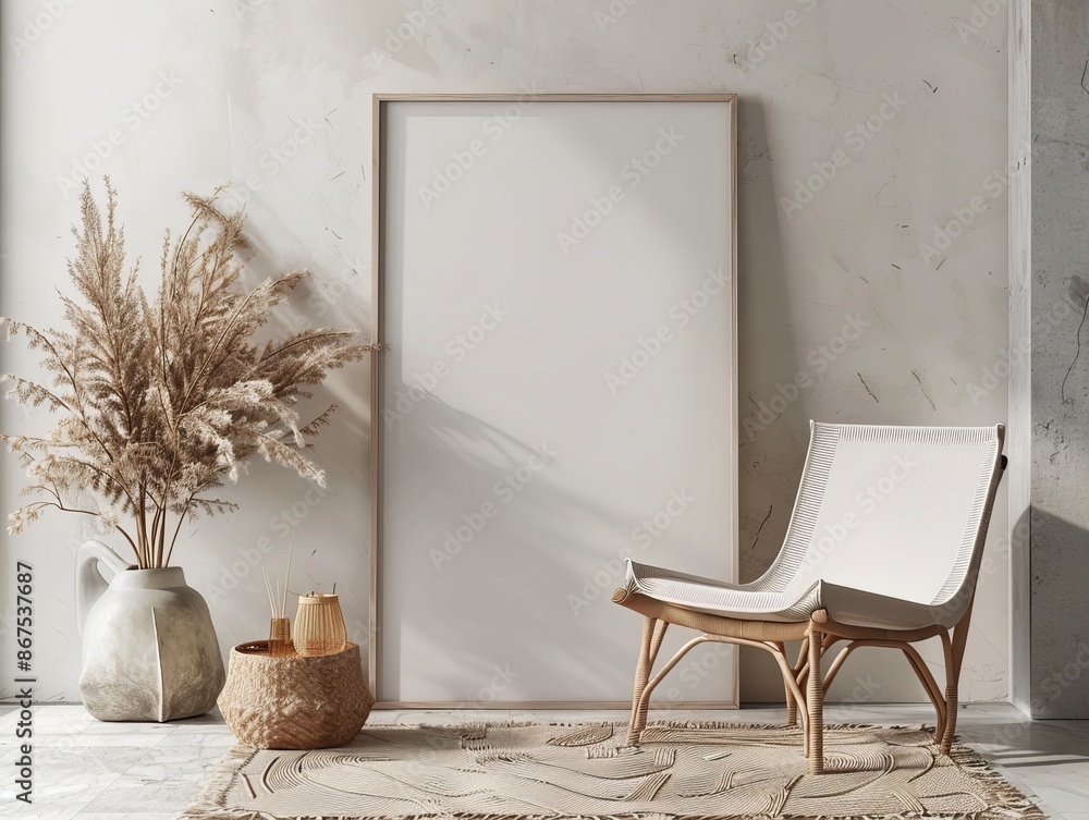 An elegant room scene with an empty frame leaning against the wall ...