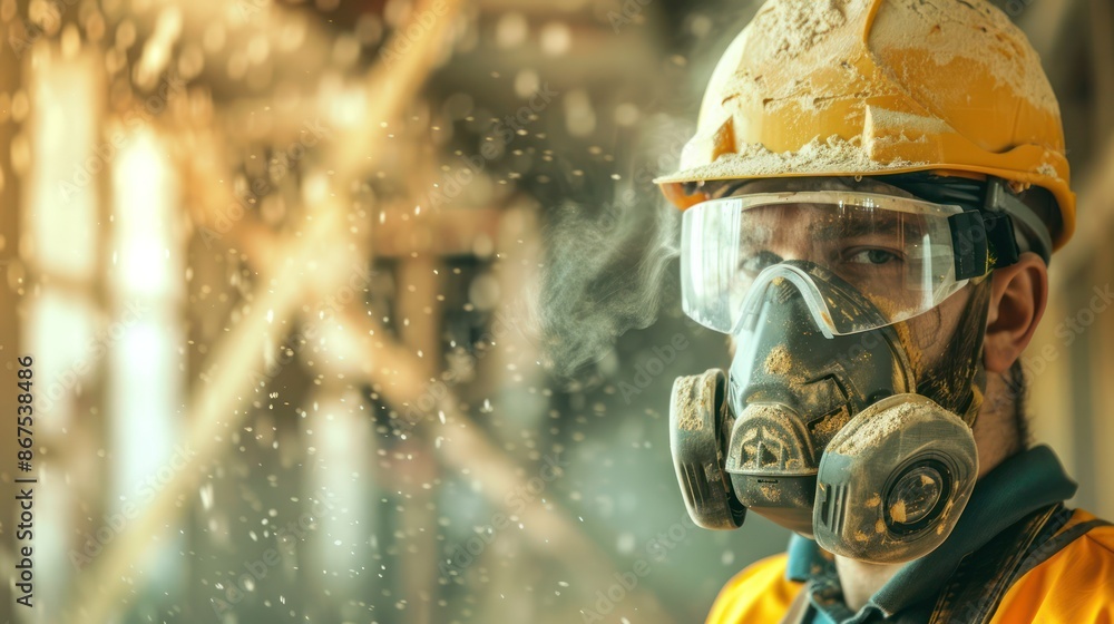 Professional construction worker wearing a high-grade dust mask ...
