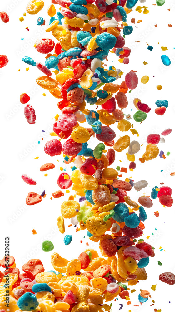 Exploding fruity pebbles cereal with individual pieces floating in ...