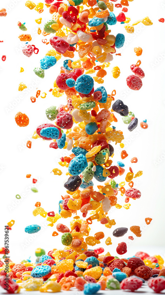 Exploding fruity pebbles cereal with individual pieces floating in ...