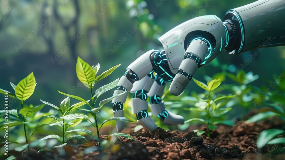Green technology innovation: Robot hand cultivating small plants ...