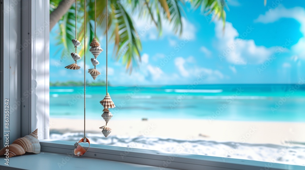 Decorative background of bay wind chimes with shells and starfish in ...