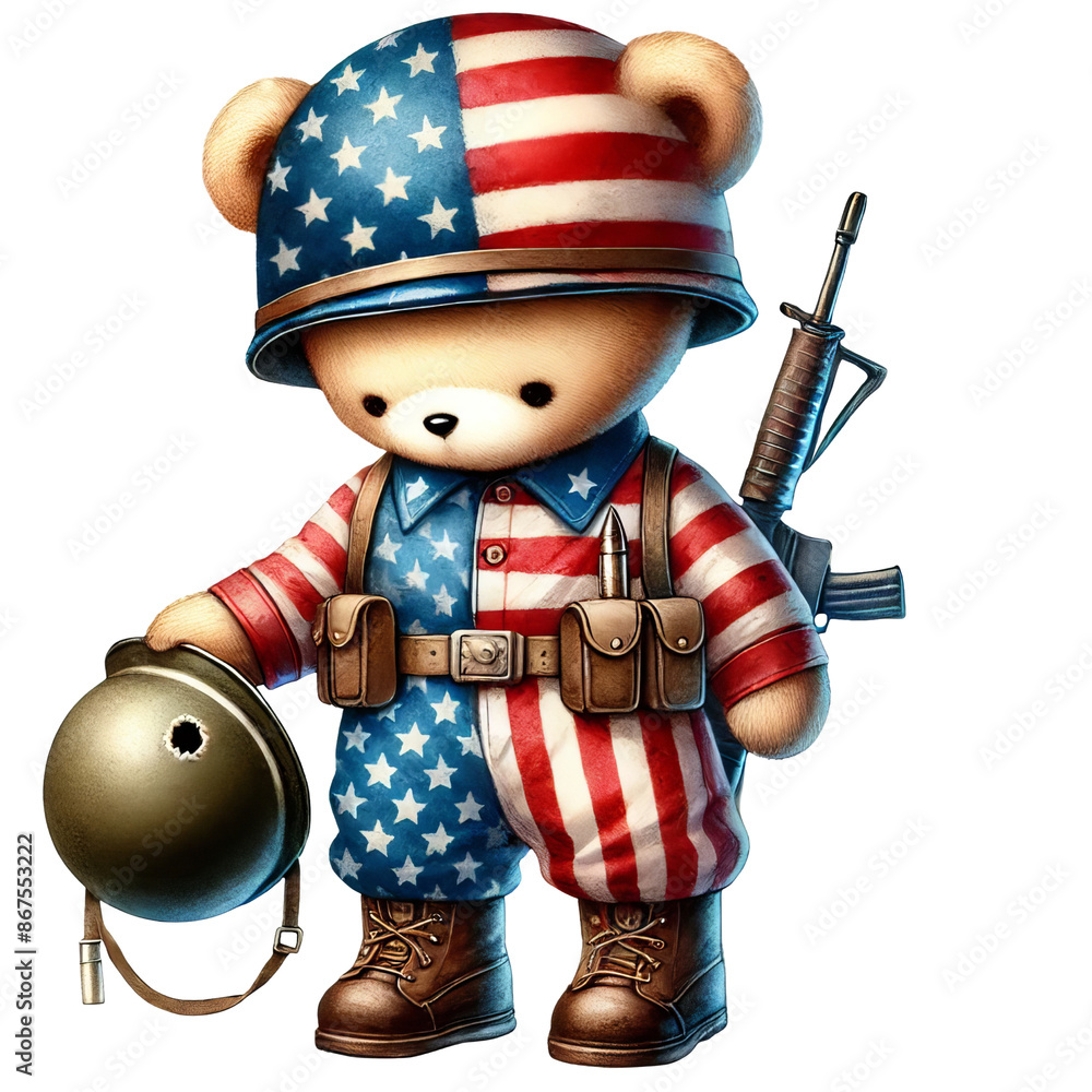 USA soldier teddy bear holding a helmet with hole and gun in American ...