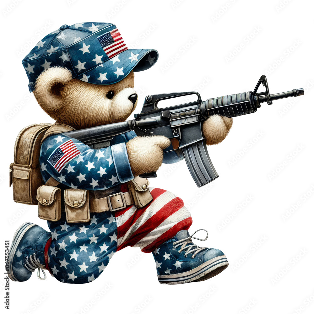 USA soldier teddy bear aiming rifle in an American flag uniform clipart ...
