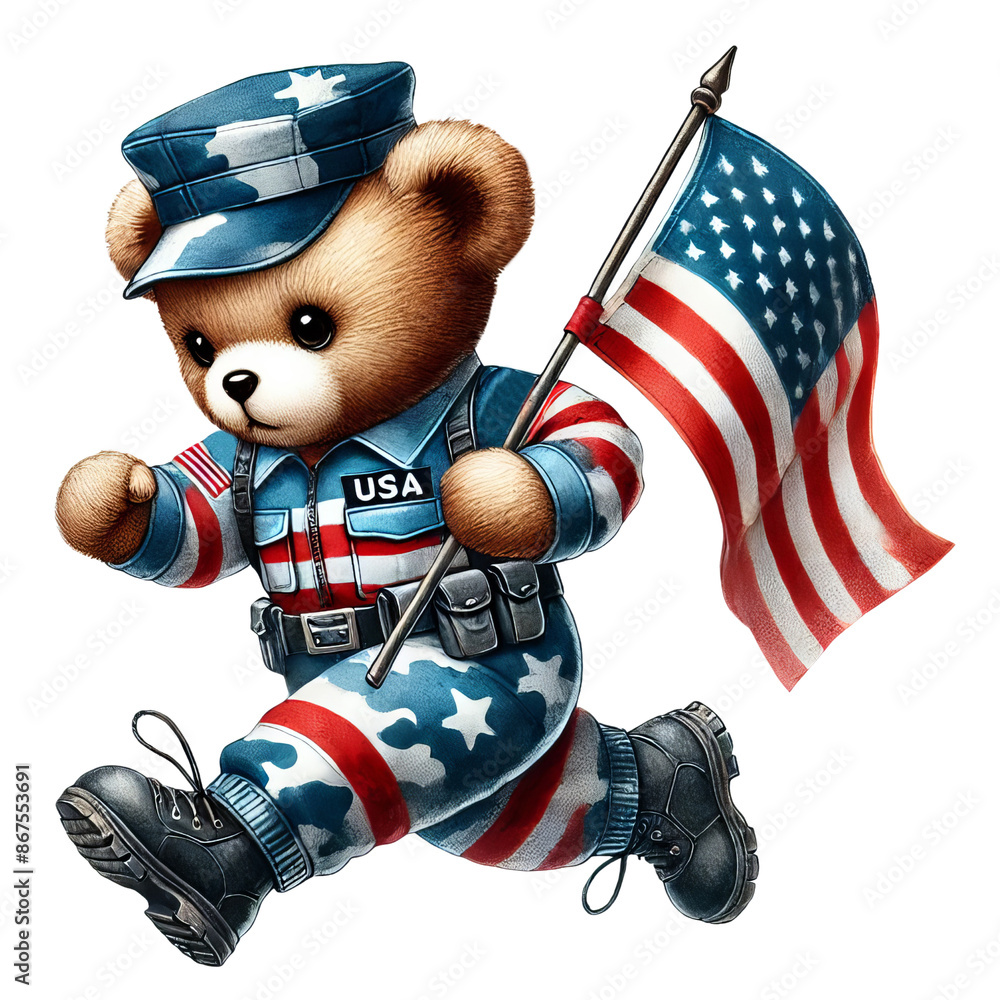 USA soldier teddy bear holding American flag and running in military ...