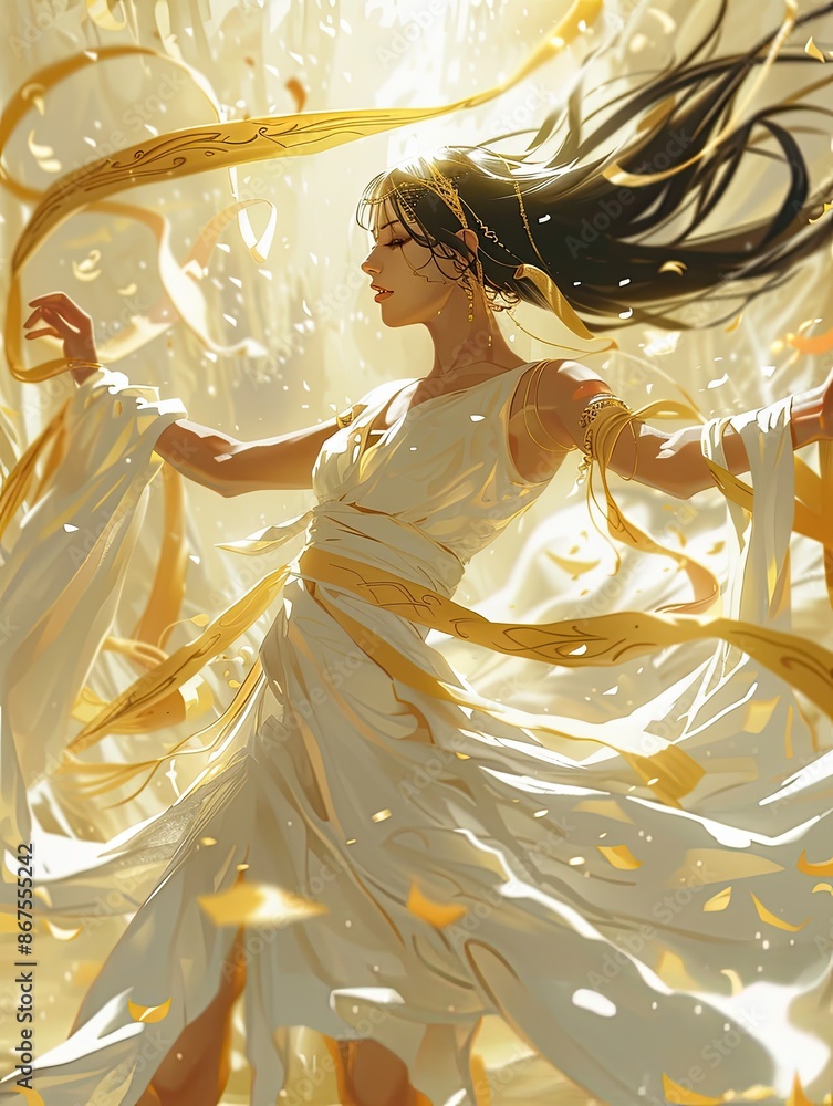 happy female priestess in white and gold costume dancing on the olympic ...