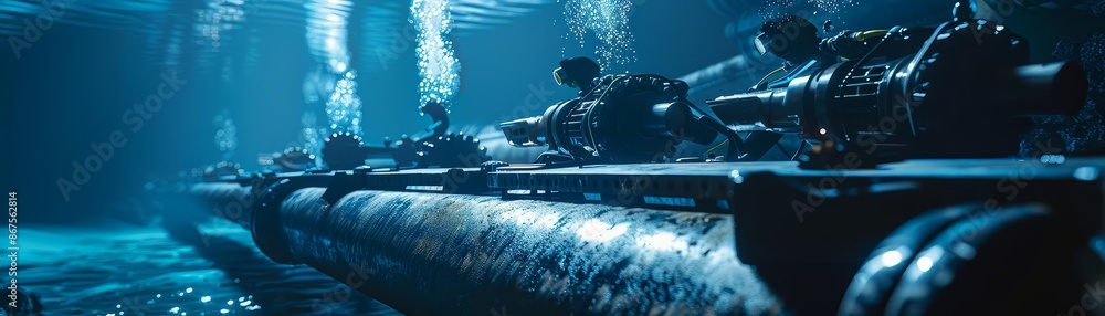 Divers inspecting underwater pipelines in a clear blue ocean ...