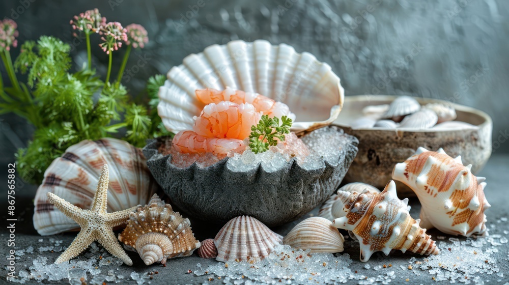 Ocean Bounty: Fresh Raw Seafood, Sea Shells, and Barnacles on Display ...