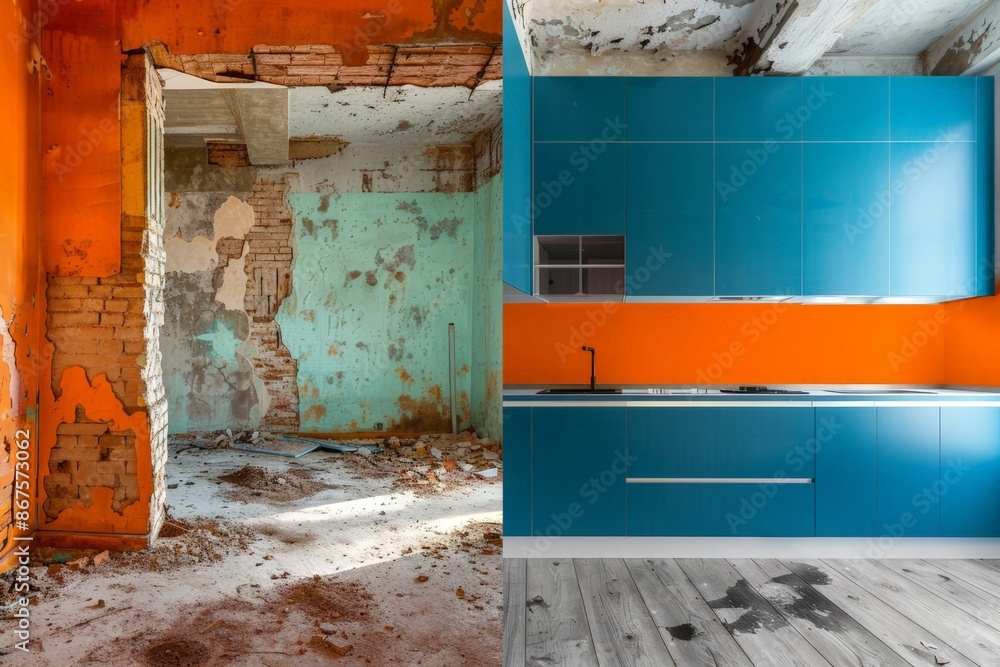 Renovation in Progress: Dilapidated Kitchen with Exposed Brick Wall and ...