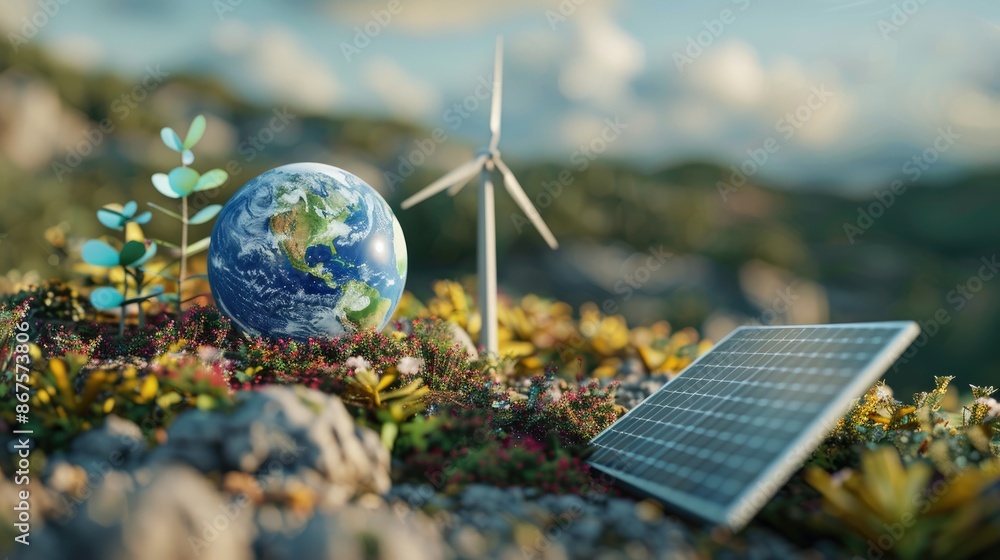 World Environment Day concept: Earth globe, solar energy panel, and ...