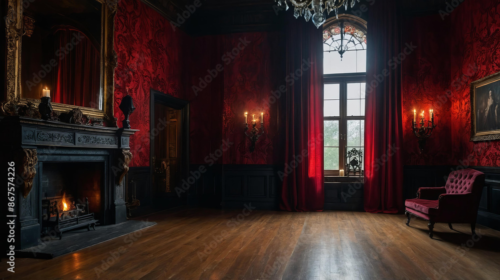 Grand hall of gothic mansion, room for vampire lit by warm fire and ...