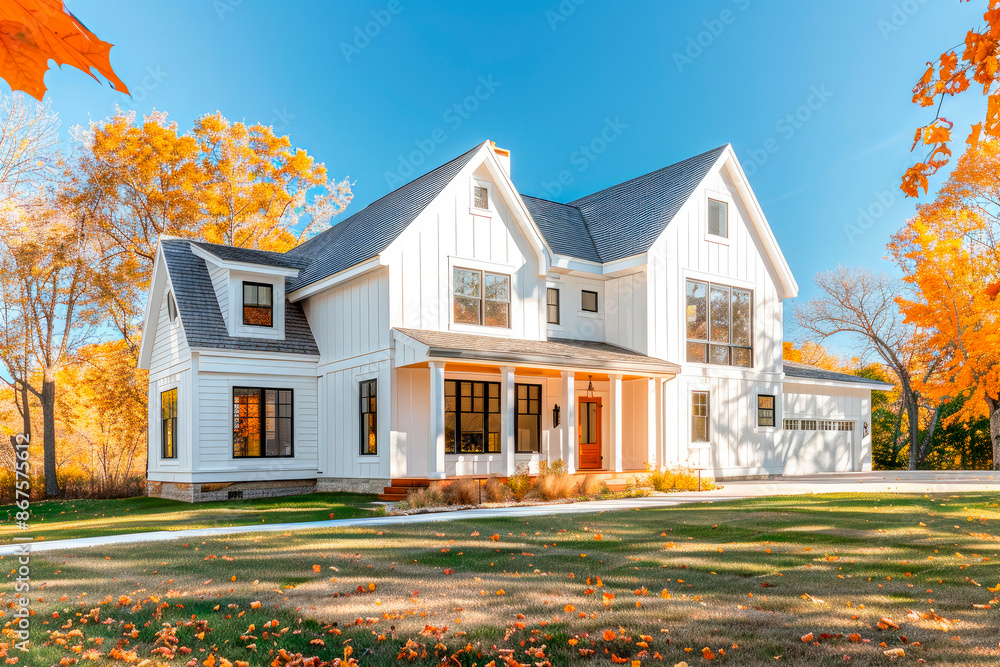 Modern farmhouse home exterior with white walls and roof shingles Stock ...