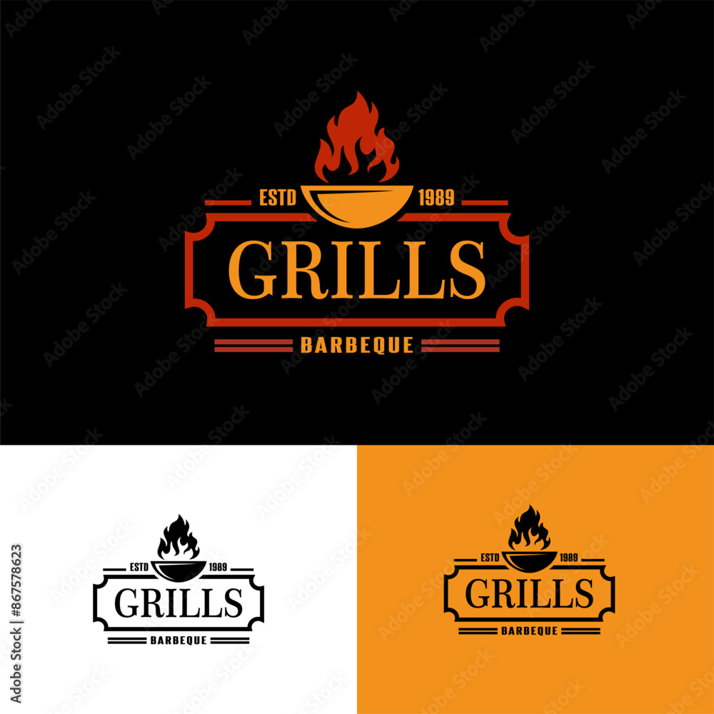 grill bbq logo stamp emblem badge vector illustration template vintage ...