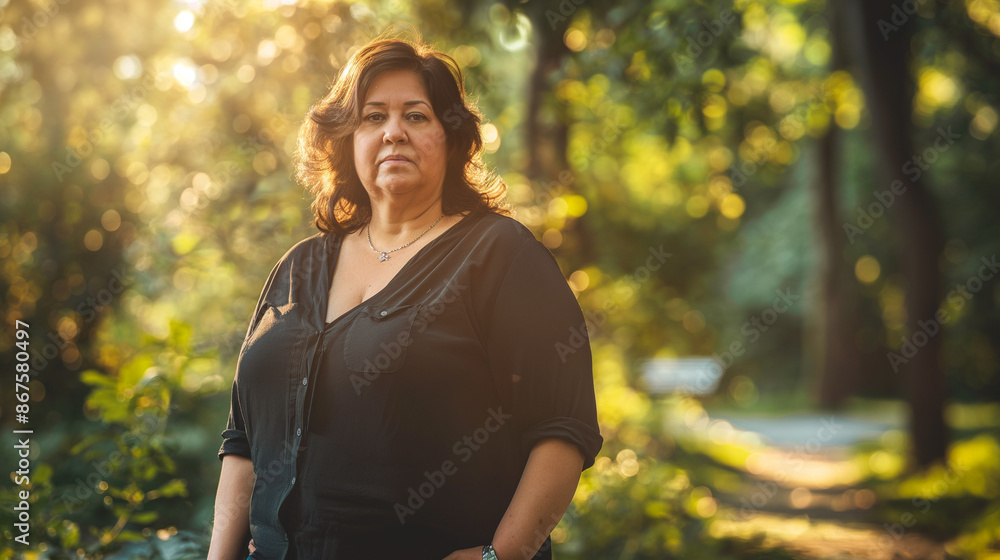 A 3/4 body shot of a 55-year-old overweight woman, dressed in black ...