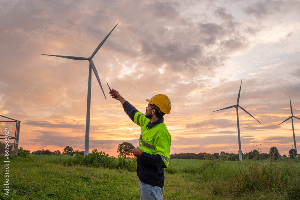 Engineer wearing uniform inspection and survey work in wind turbine ...