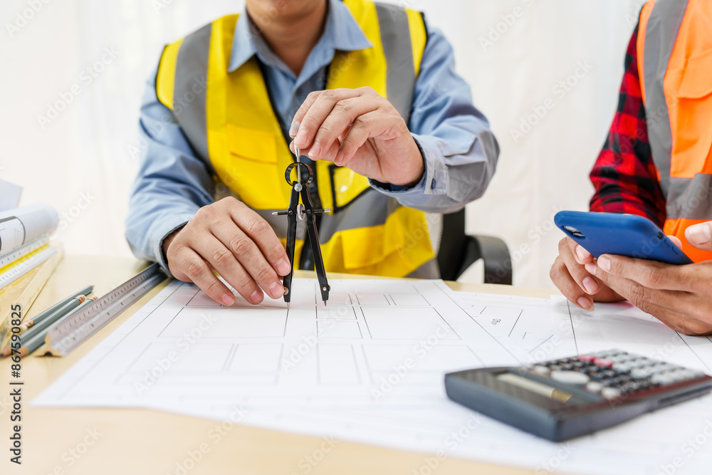 Two men, including a male Asian construction contractor engineer ...