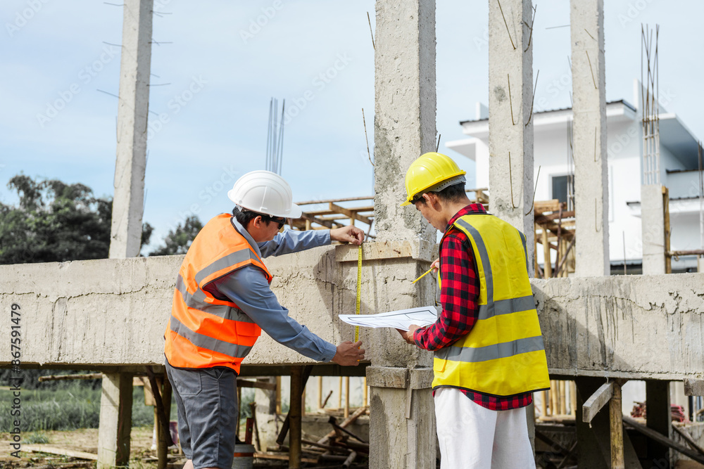 Two male construction workers, including an Asian engineer ...