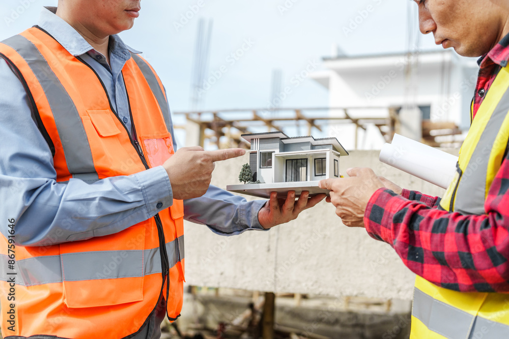 Two male construction workers, including an Asian engineer ...