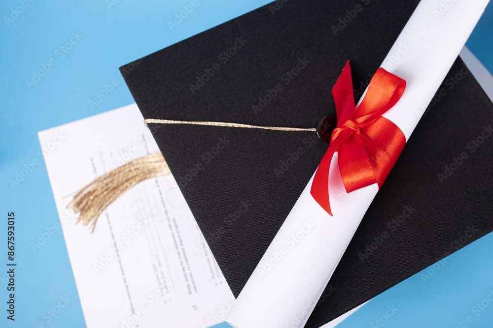 Education documents, graduation cap and exam papers, school student ...