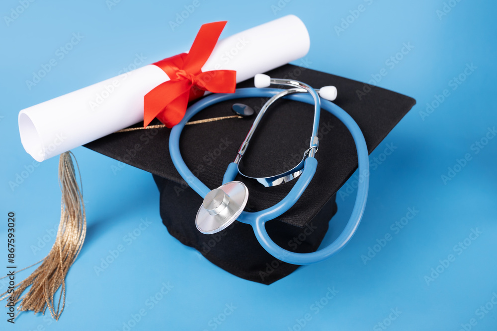 Medical education, graduation cap and doctor's stethoscope, bachelor in ...