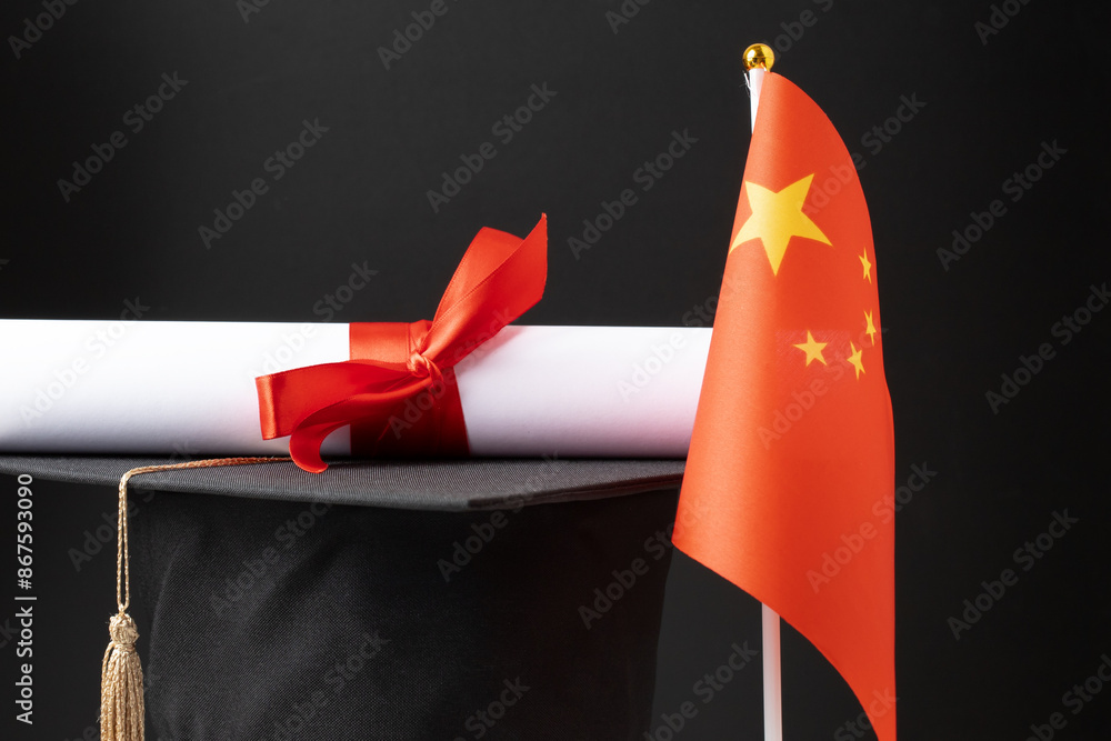 Chinese education and language learning, graduation cap with diploma ...