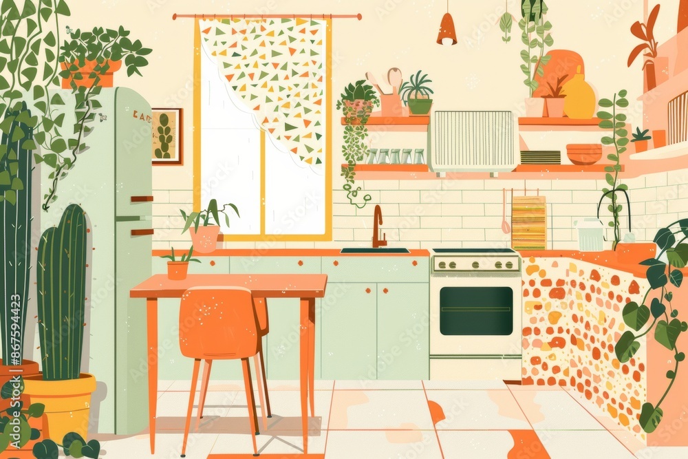 Y2K inspired kitchen interior, minimalist retro design, vibrant pastel ...