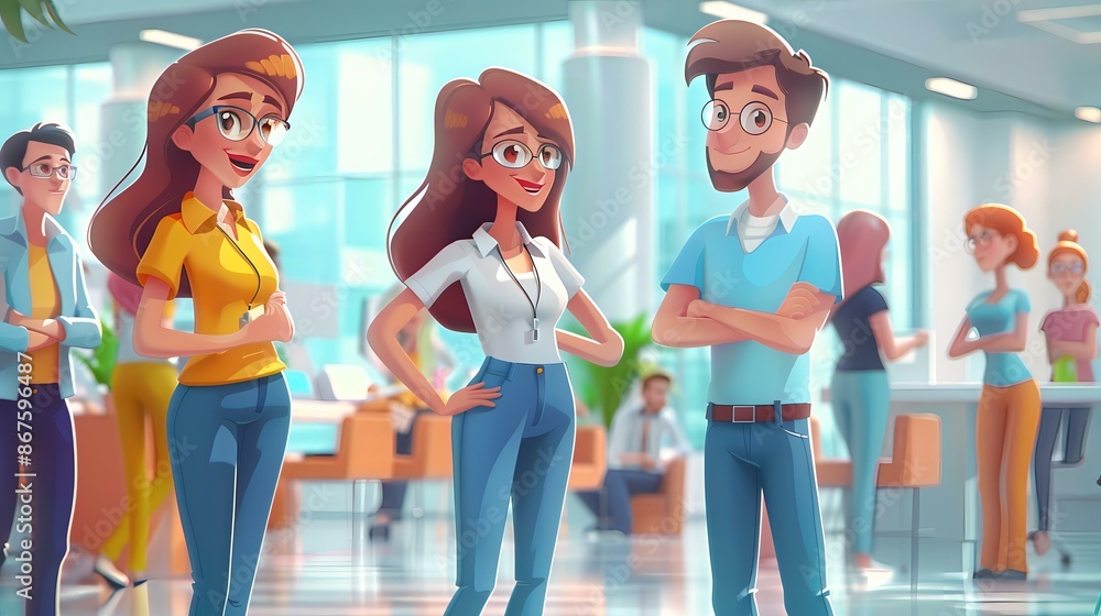 Three animated individuals a man and two women are shown standing ...