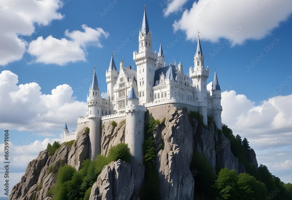 Fairy tales high fantasy castle on a impegnetrable rock cliff, white ...