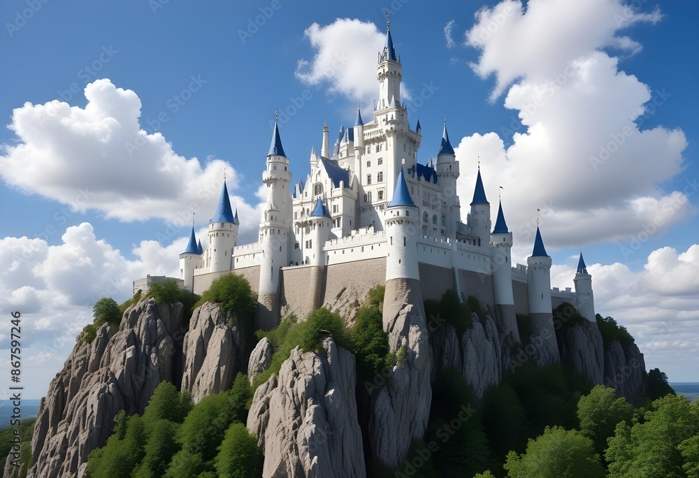 Fairy tales high fantasy castle on a impegnetrable rock cliff, white ...