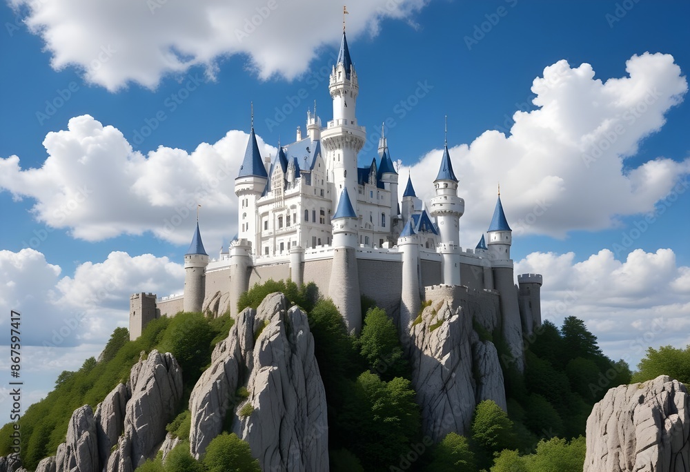 Fairy tales high fantasy castle on a impegnetrable rock cliff, white ...