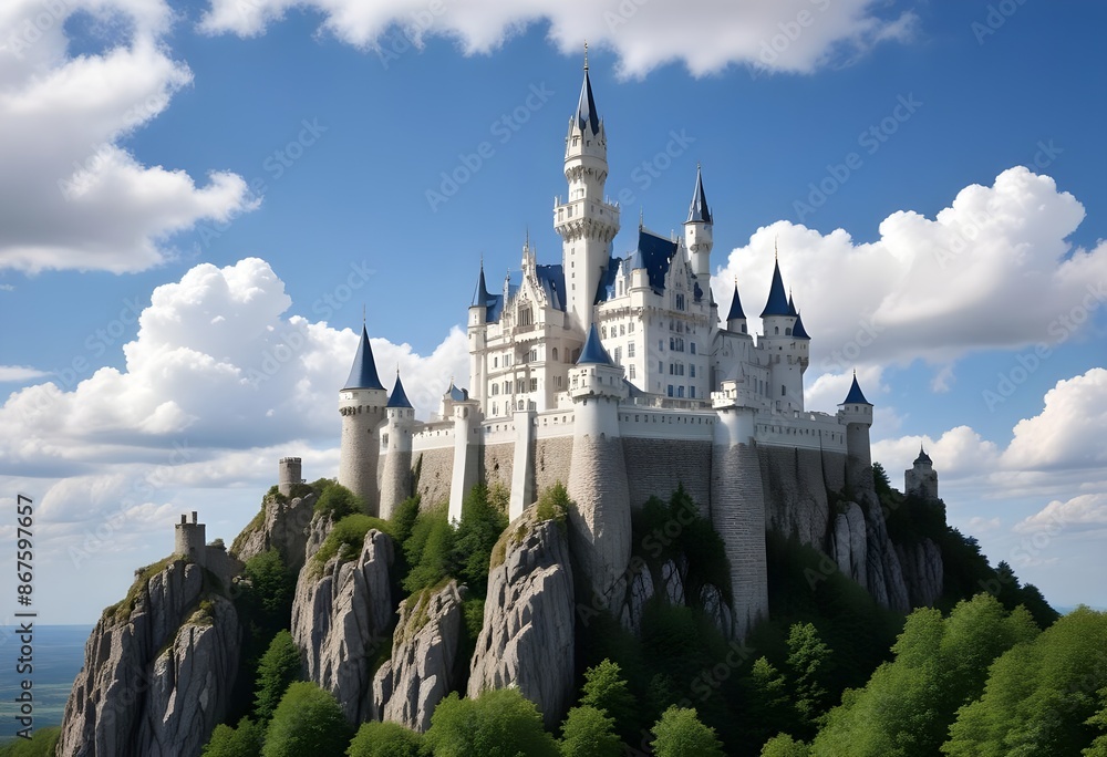 Fairy tales high fantasy castle on a impegnetrable rock cliff, white ...