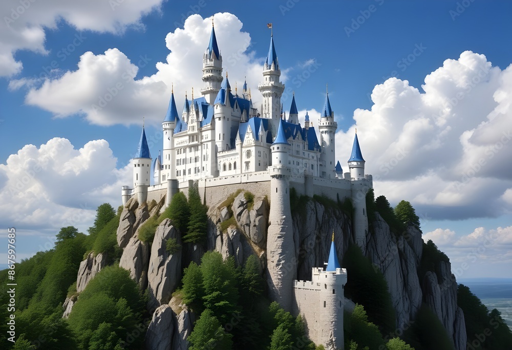Fairy tales high fantasy castle on a impegnetrable rock cliff, white ...