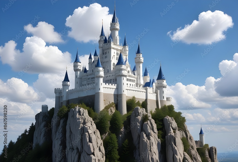Fairy tales high fantasy castle on a impegnetrable rock cliff, white ...