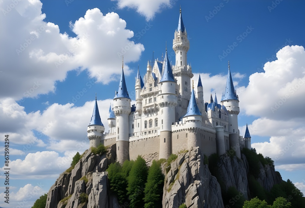 Fairy tales high fantasy castle on a impegnetrable rock cliff, white ...