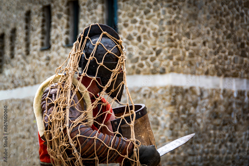 Roman gladiator in traditional armor with netting wrapped around his ...