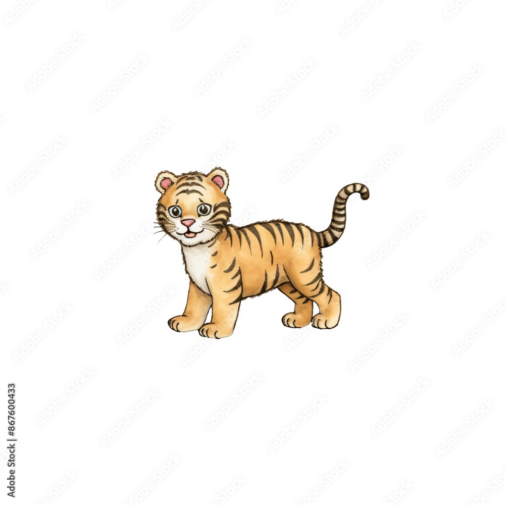 Watercolor cute tiger cub pouncing die cut PNG style isolated on white ...