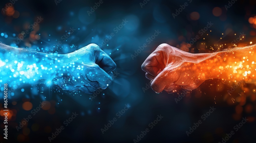 Blue and orange fists clash in a powerful energy burst, symbolizing a ...