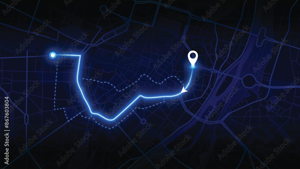 neon GPS road map of Altstadt with the arrow that moves to the point of ...