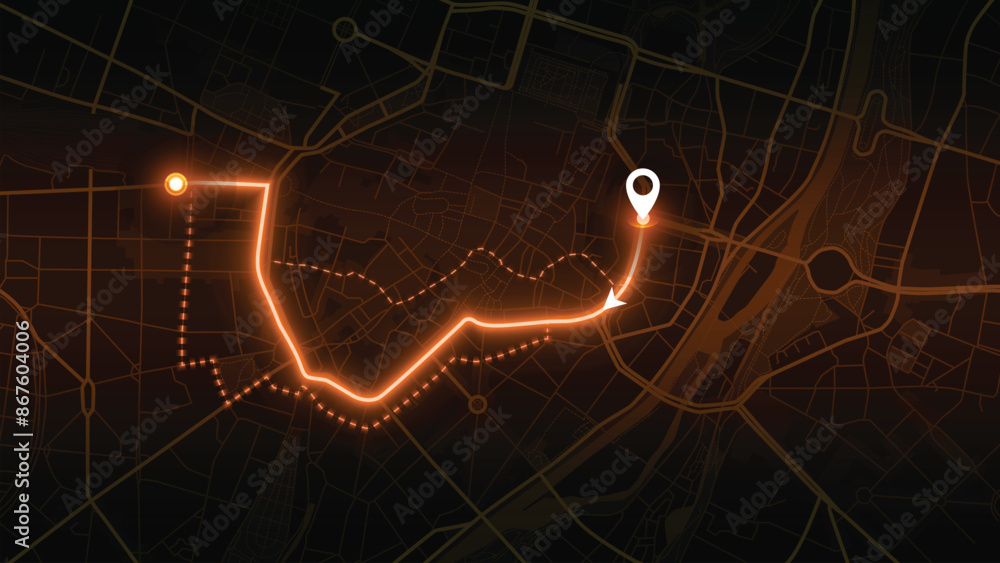 neon GPS road map of Altstadt with the arrow that moves to the point of ...