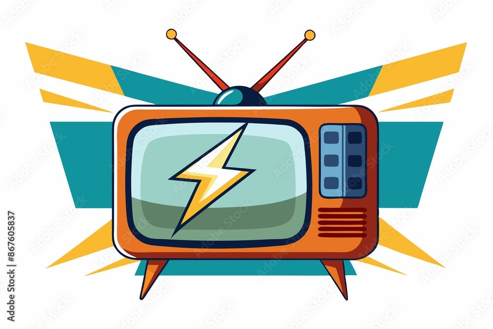 Retro TV Set on White Background with Lightning Effect, Close-up View ...