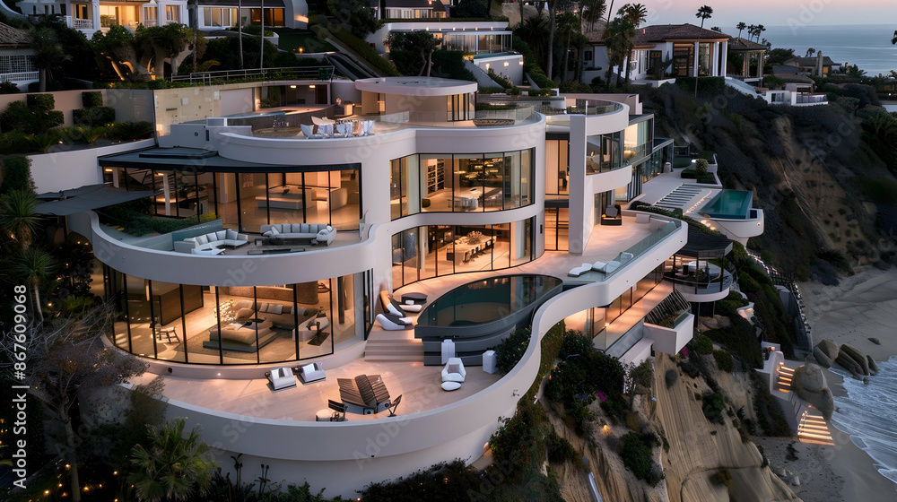 Foto de Chic coastal mansion with a pristine alabaster facade ...