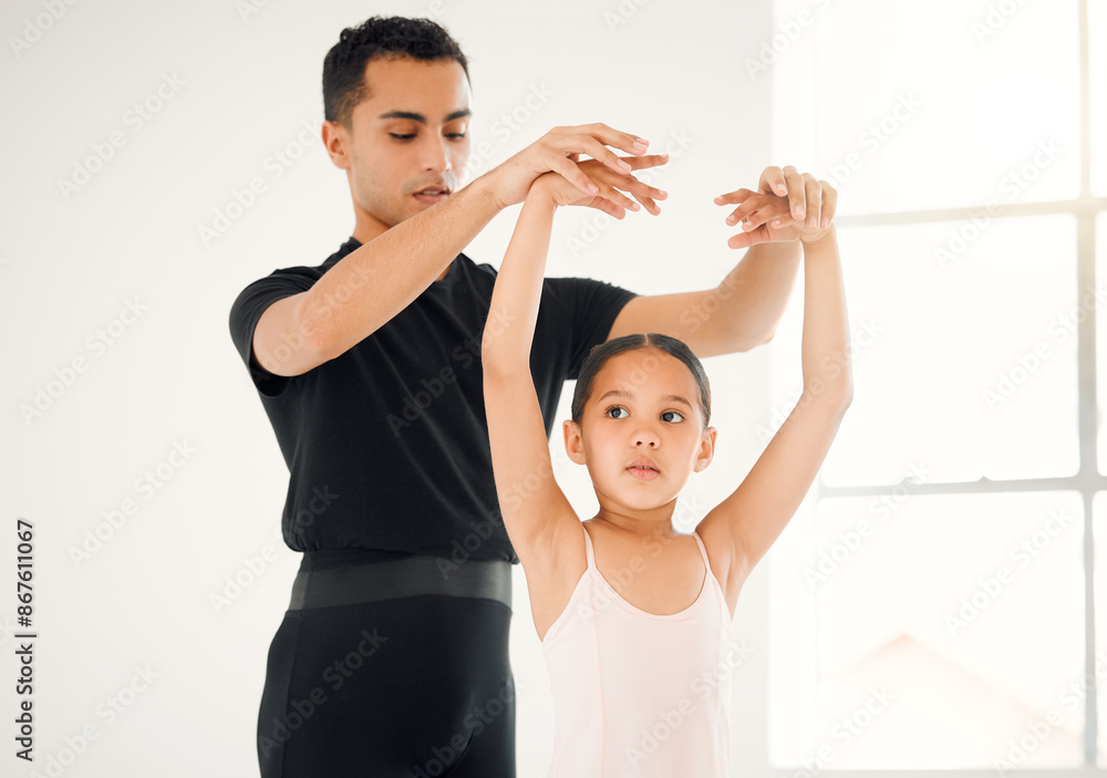 Ballet, girl and teacher in dancer studio, man and graceful in lesson ...